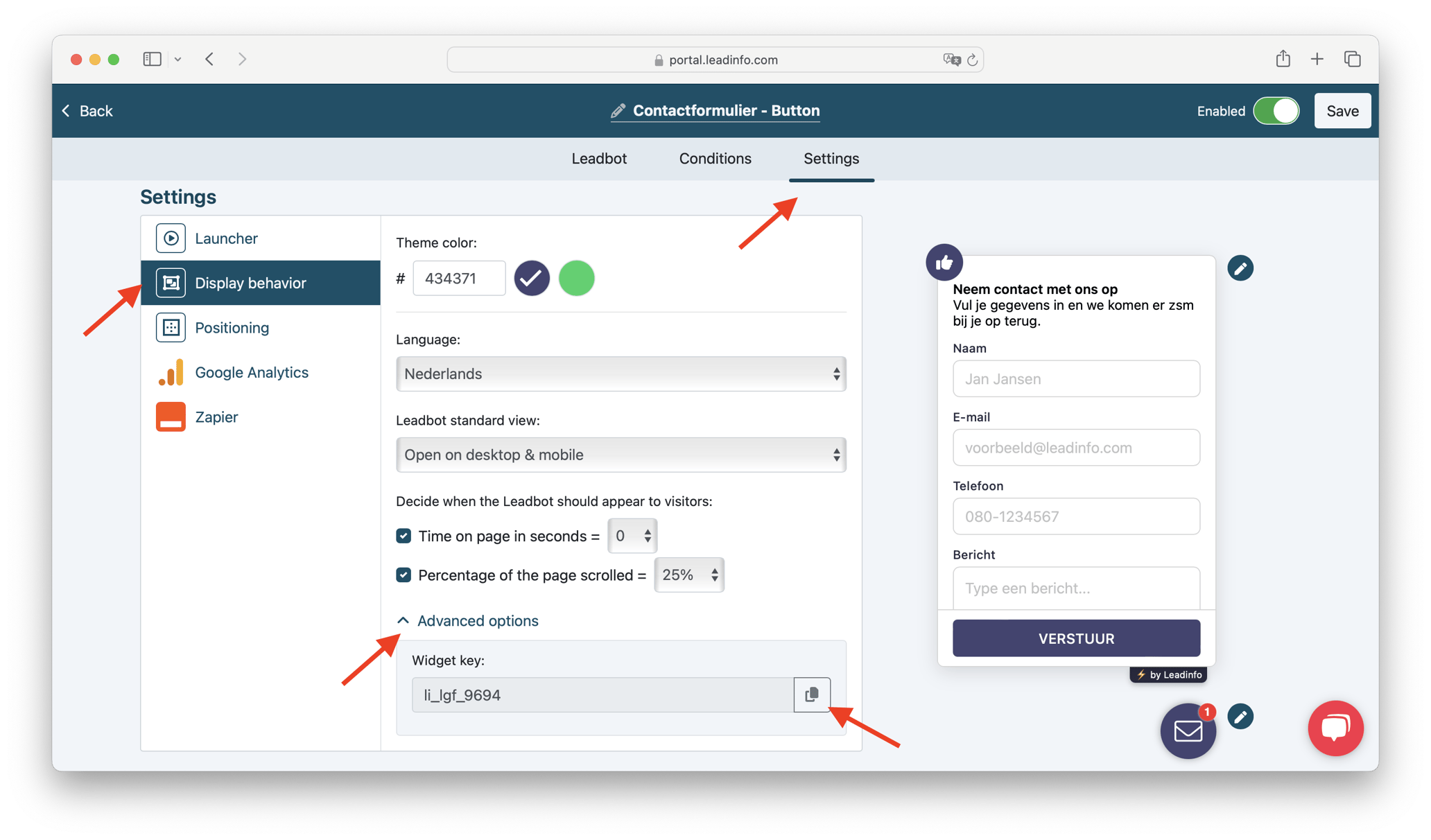 Leadbot activation by a button on the website